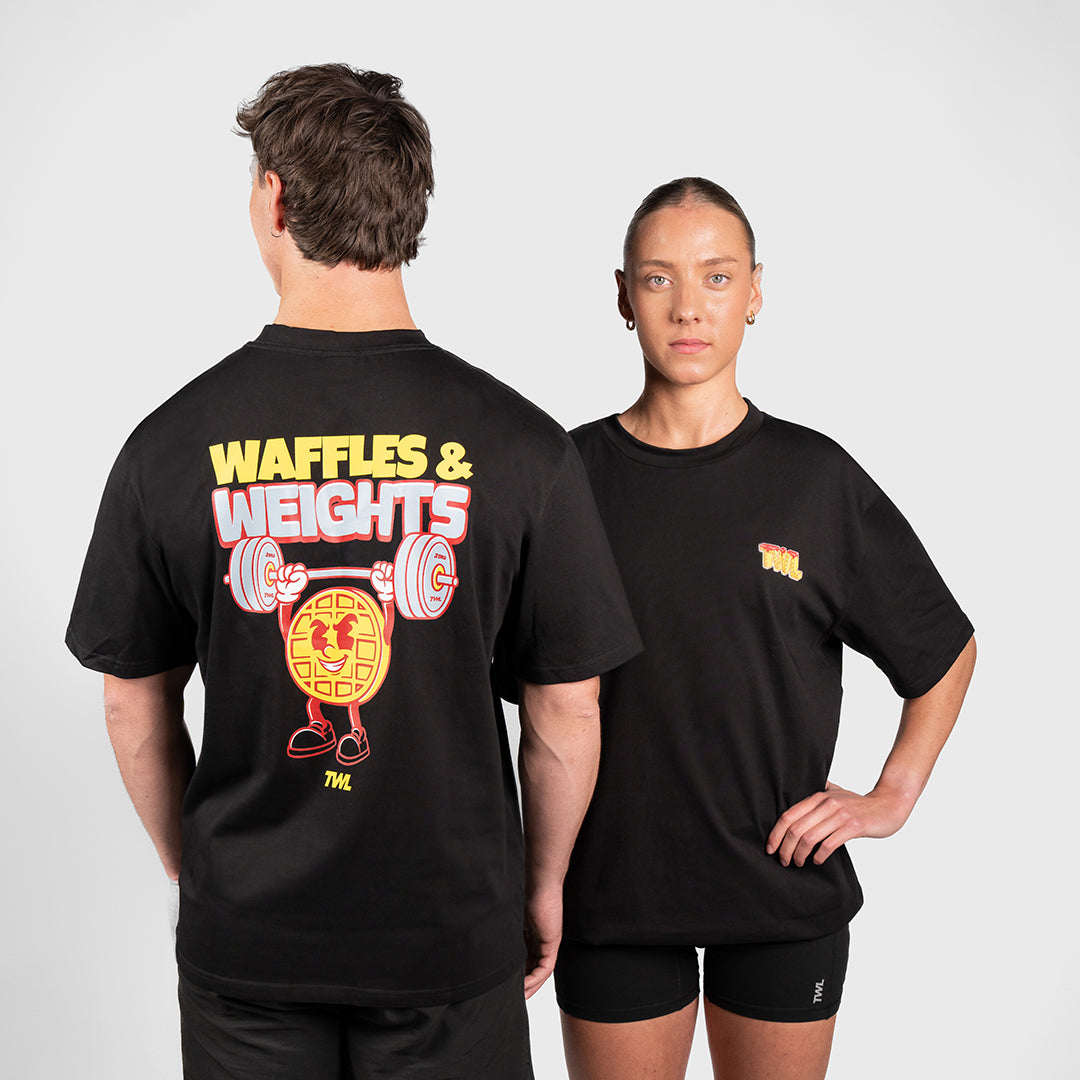 TWL - LIFESTYLE OVERSIZED T-SHIRT - WAFFLES & WEIGHTS - BLACK